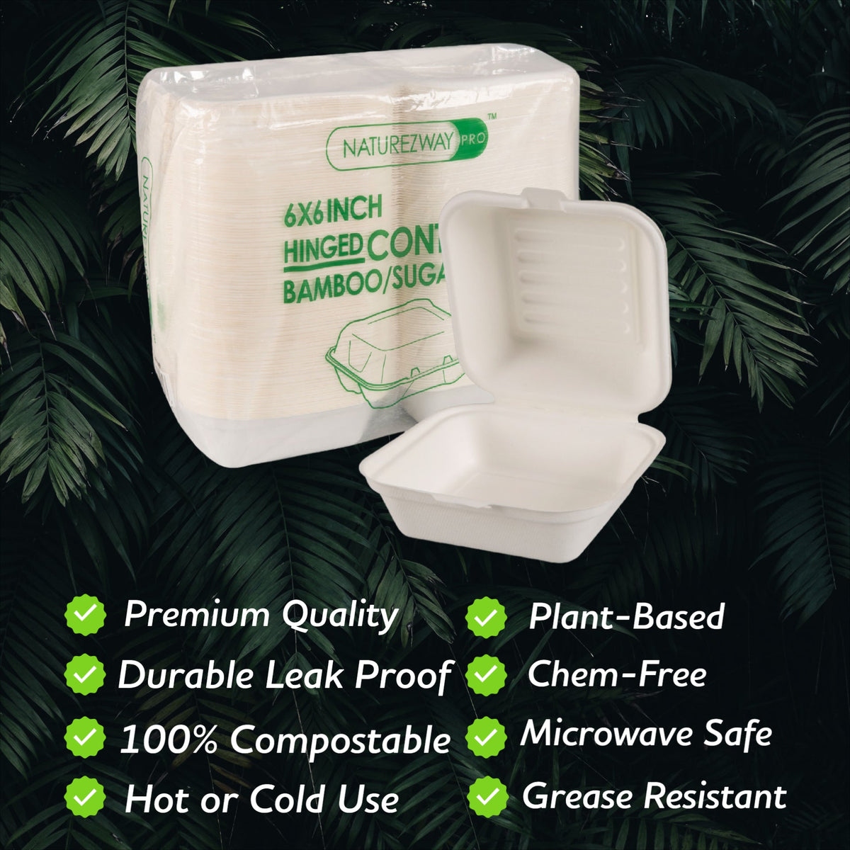 (125 PACK) 6” x 6” Bamboo Hinged To Go Container – NATUREZWAY
